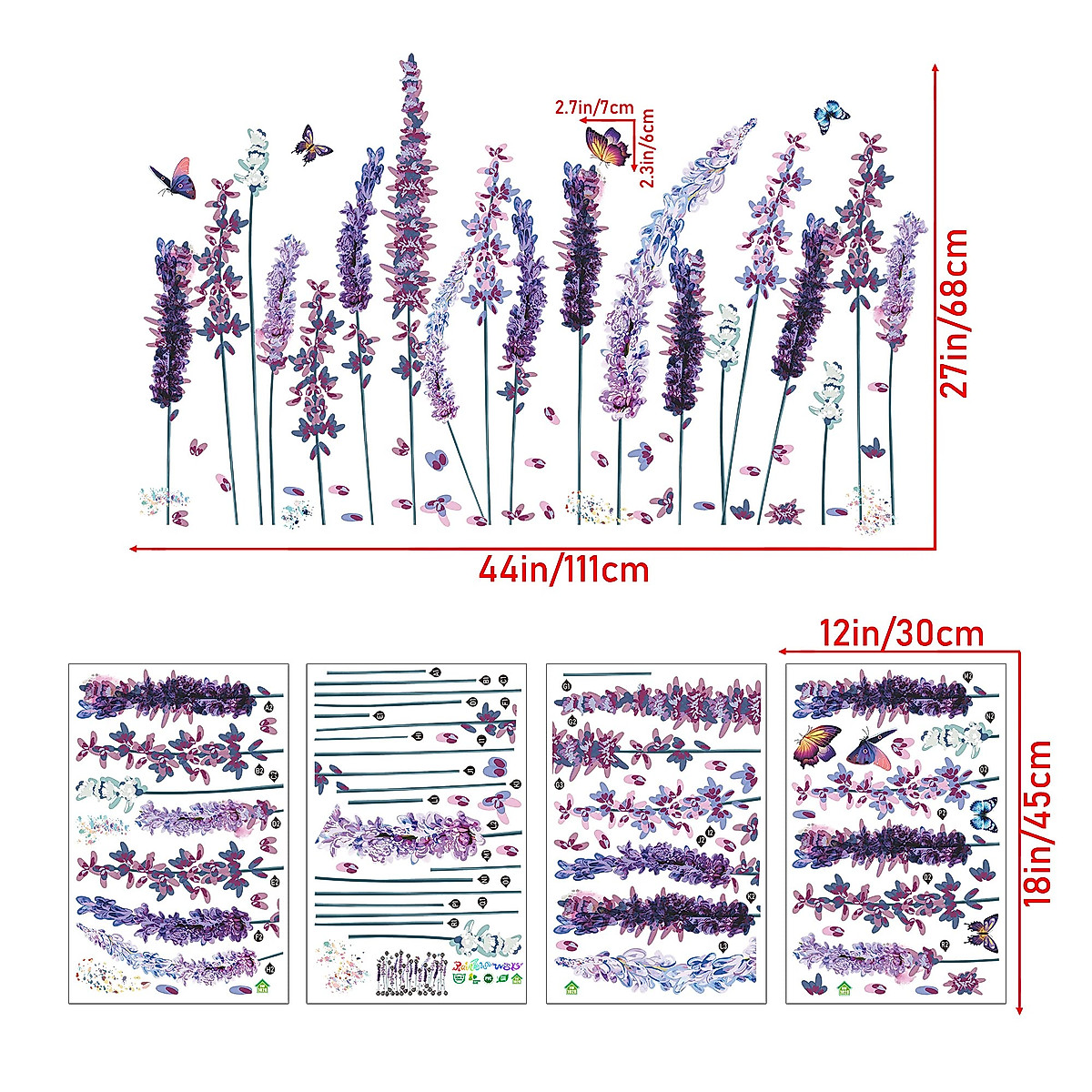 RW-1028 3D Flowers Wall Decals Purple Lavender Wall Stickers Flower Plant Butterfly Decoration DIY Removable Garden Lavender Floral Wall Art Decor for Kids Girls Bedroom Living Room Nursery Office