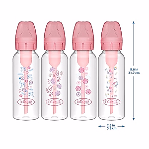 Dr. Brown's Natural Flow Anti-Colic Options+ Narrow Baby Bottle, Pink Floral, 8 oz/250 mL, with Level 1 Slow Flow Nipples, 0m+, 4 Pack