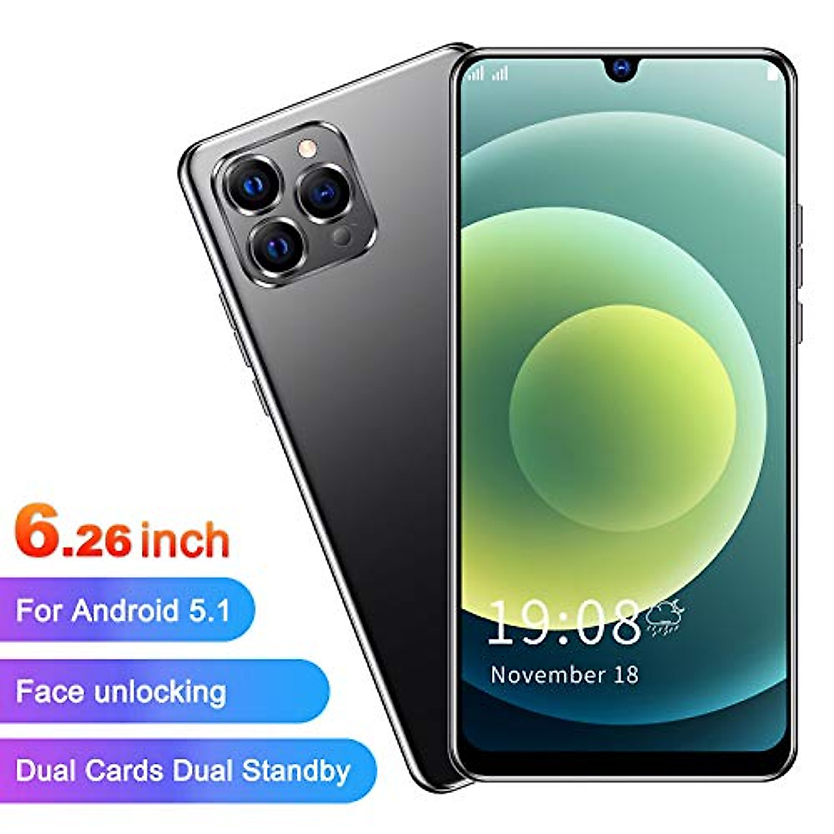 Vbestlife IP12 PRO Unlocked Android Smartphone,6.26in Waterdrop Full Screen Dual SIM Cell Phone,Ultra Thin Mobile Phone Supports Face Fingerprint Unlocking,Quad Core CPU,Triple Rear Camera Black