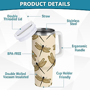DIGTIA Stainless Steel Insulated Tumbler w/Handle & Straw, Dragonfly Double Wall Vacuum Travel Coffee Mug Cup w/Lid, Leak-Proof Sports Beige Water Bottle,40oz