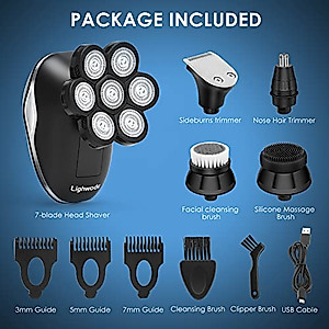 Head Shavers for Bald Men, Lighwode Waterproof 7D Blad Head Shaver Wet/Dry Anti-Pinch 5 in 1 Cordless LED Electric Razor Grooming Kit with Hair Clippers Beard Trimmer Nose Trimmer Cleansing Brush