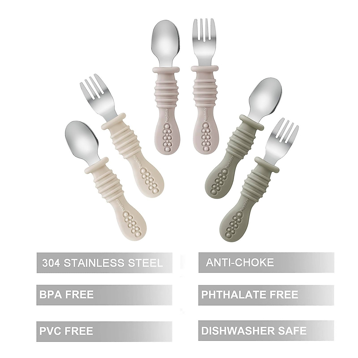 PandaEar 6 Pack Toddler Fork and Spoon Utensil Set, Baby Silicone Stainless Steel Silverware Spoon Fork for Babies Kids, BPA Free (Walnut&Linen&Brown)