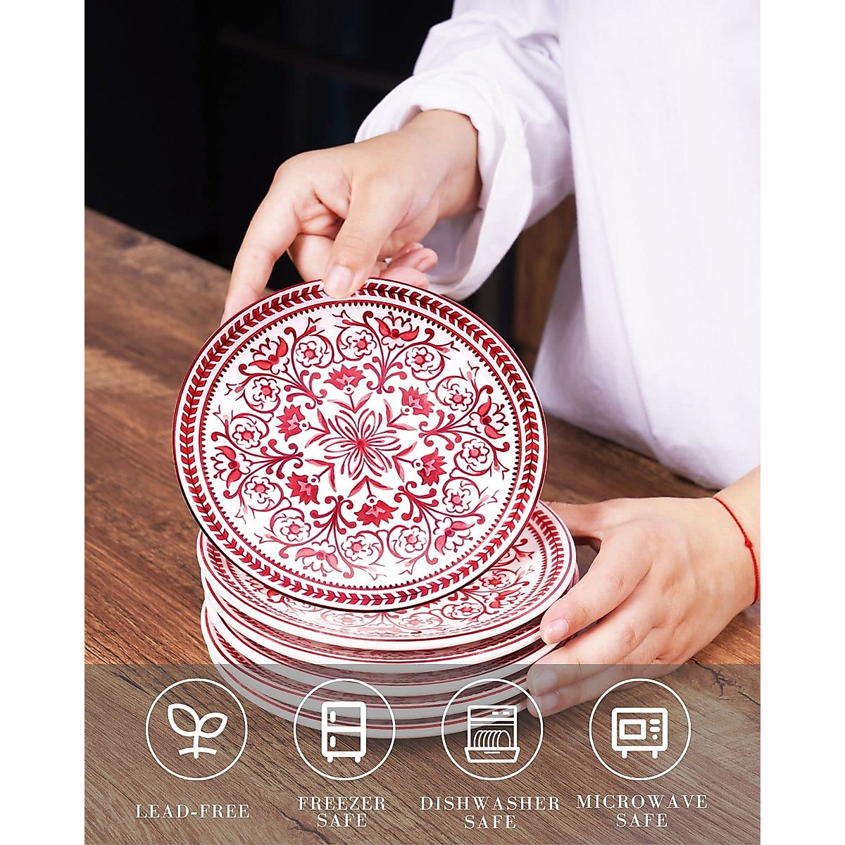 Sonemone 6 Inch Appetizer Plates Set of 6, Christmas Red Floral Ceramic Dessert Plates for Cake, Pie, Snacks, Ice Cream, Microwave & Dishwasher Safe