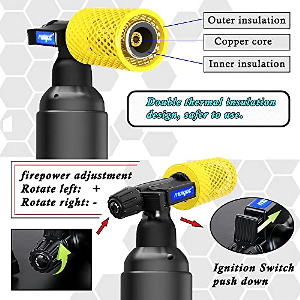 Molgoc Butane Torch with Anti-scalding Device,Stainless Steel Protective Cover,Refillable Kitchen Torch Lighter,Adjustable Flame Guard. (Butane Gas Not Included,Yellow) (yellow)