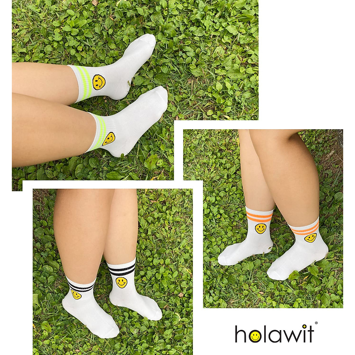 holawit Happy Face Fun Design Positive Smile Quarter Socks with Neon Double Stripes for Women 3P Set