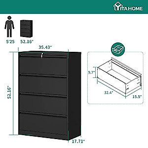 YITAHOME Lateral Filing Cabinet with Lock, 4 Drawer Metal Stainless Steel Wide Lateral File Cabinet for Legal/Letter A4 Size, Office Organizer Storage Cabinet (Black)