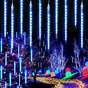 Aluan Christmas Lights Meteor Shower Rain Lights 10 Tube 240 LED 12 Inch Waterproof Plug in Falling Rain Fairy String Lights for Halloween Christmas Holiday Party Home Patio Outdoor Decoration, Blue