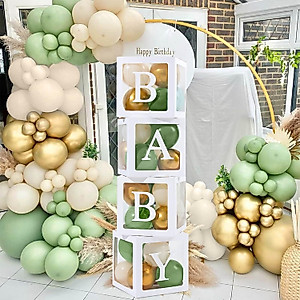 Baby Shower Decorations Boy Girl - 4Pcs Transparent Baby Balloon Boxes and 112Pcs Green White Gold Balloons Arch Kit for Sage Green Baby Shower Decorations, Christening, Gender Reveal Party Supplies