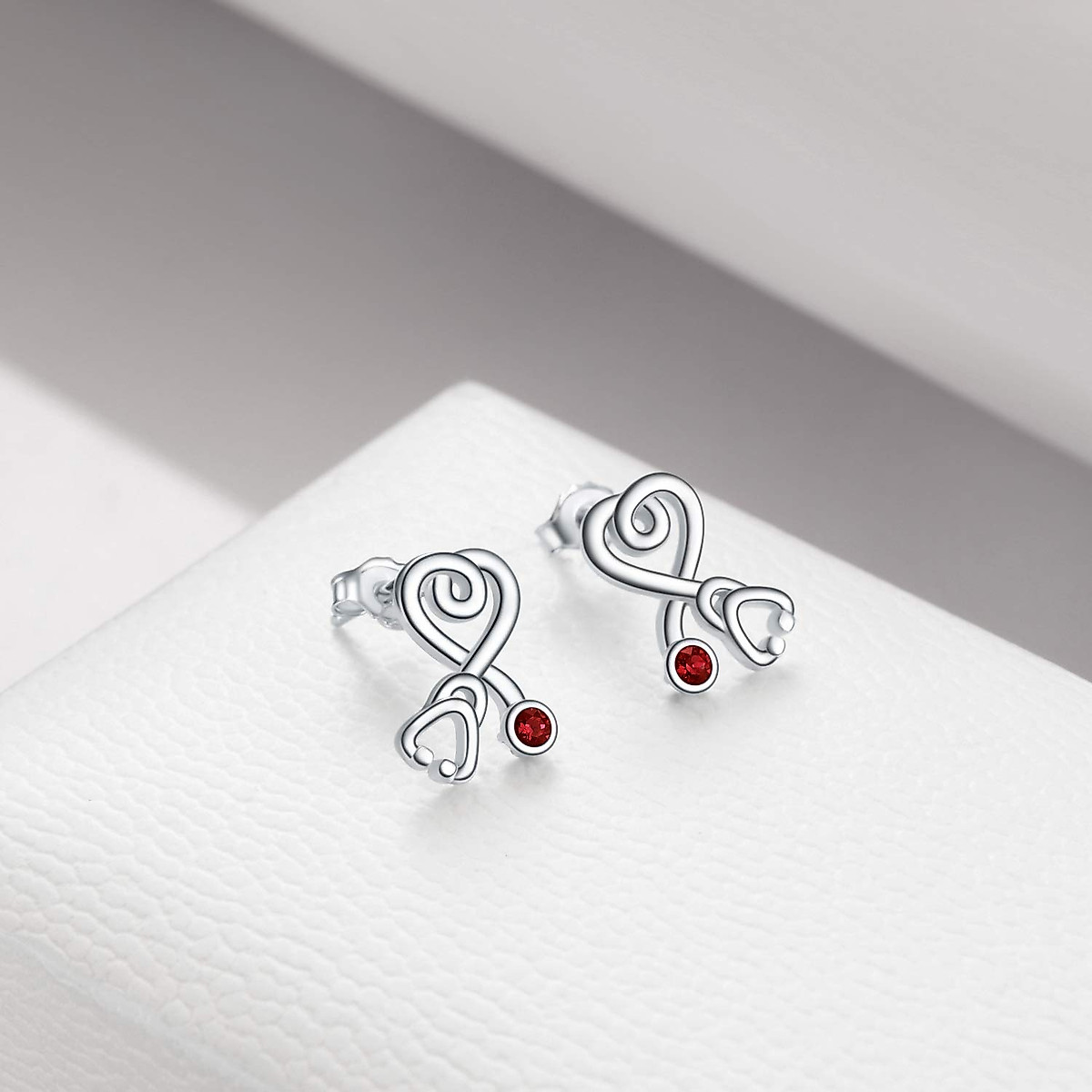 Stethoscope Earrings 925 Sterling Silver Heart Studs Earrings 12 Months Birthstone Crystals from Austria, Graduation Jewelry Gifts for Nurse Doctor RN Medical Student