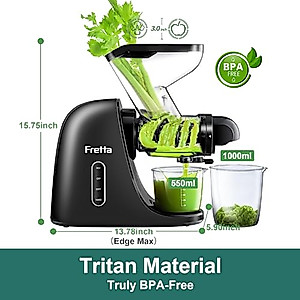 Fretta Masticating Slow Juicers, 3-inch Wide Feeding Chute Cold Press Juicer, Celery Juicer, Juicer Machines Vegetable and Fruit,Juice Recipes Included, 2 Speed, BPA-Free, Easy Clean, 200W(Black)