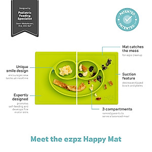 ezpz Happy Mat - 24 Months+ (Lime) - 100% Silicone Suction Plate with Built-in Placemat for Toddlers + Preschoolers - Divided Toddler Plates - Toddler Essentials…