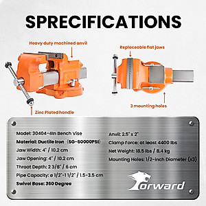 Forward Bench Vise 4 Inch Ductile Iron Bench Vice with 360 Degree Swivel Base and Channel Steel Guide Bar 30404 (4")