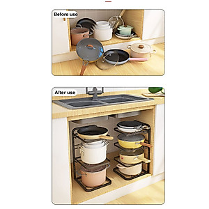 STARNOONTEK Under Sink Organizers and Storage, Kitchen 4 Tiers Adjustable Pots Organizer Space Saving Pan Rack for Under Sink Cabinet Countertopm,Black
