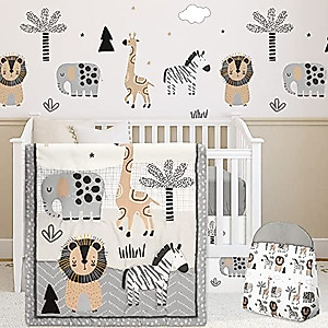4 Piece Woodland Forest Animals Crib Bedding Set, Including Jungle Safari Crib Skirt, Blanket, Crib Sheet and Diaper Stacker, Soft Neutral Nursery Standard Size Baby Bedding for Baby Girls and Boys
