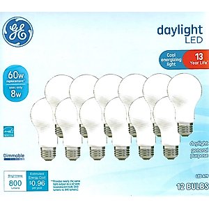 GE Daylight LED Light Bulbs, 8 Watt (60 Watt Equivalent) Cool Energizing Light, Standard Bulb Shape, Medium Base, Dimmable (12 Pack)