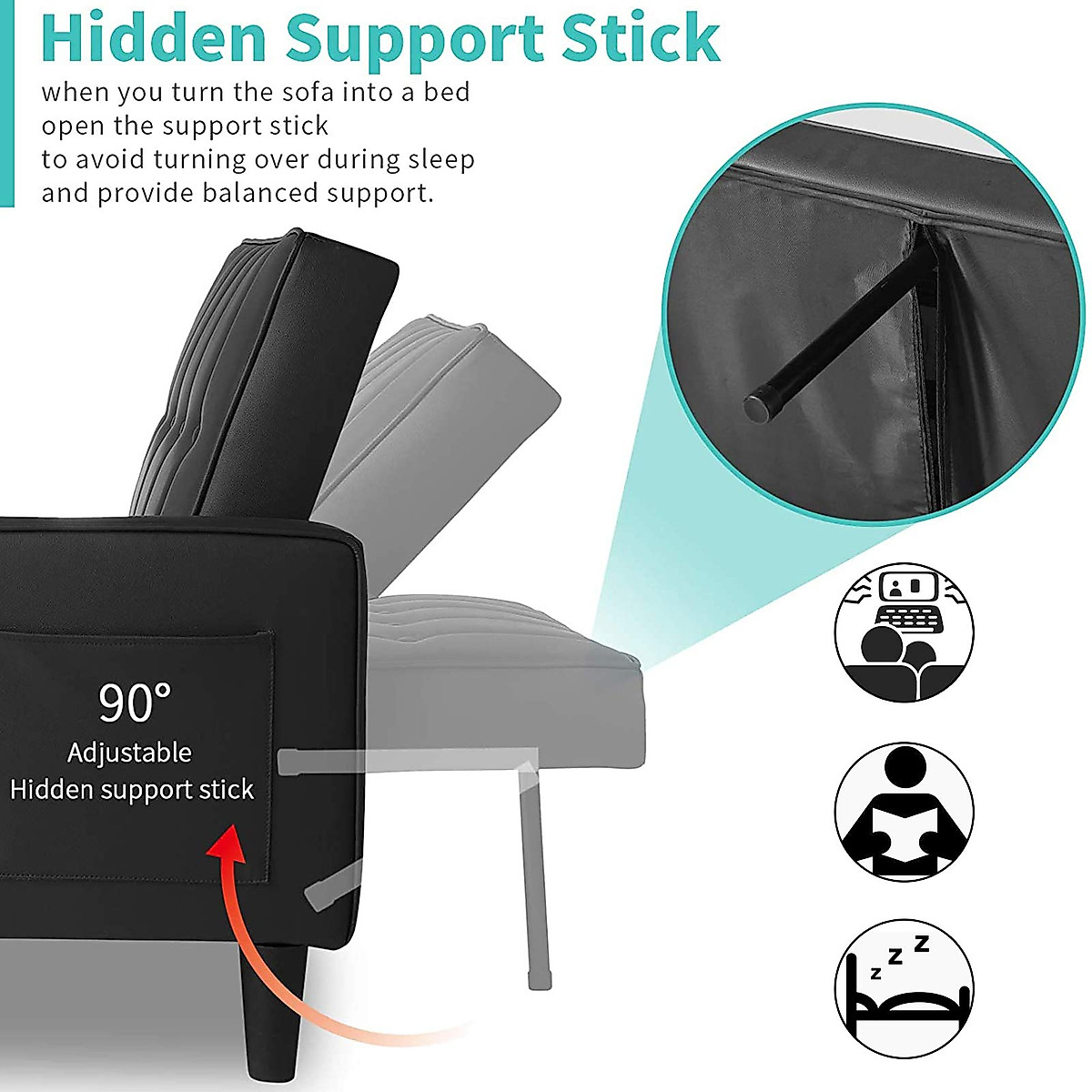 Convertible Futon Sofa Bed Upholstered Sofa Couch Sleeper with Adjustable Backrest and Side Pockets Loveseat Sofa for Living Room Dorm