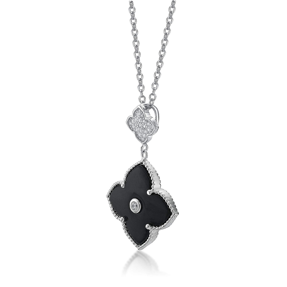 Black Onyx and Cubic Zirconia Double Flower Pendant Necklace for Women in 925 Sterling Silver 16 to 18 Inches Adjustable Spring Ring by Lavari Jewelers