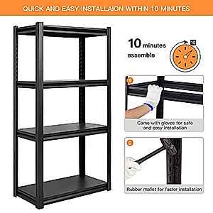 Raybee Garage Shelving Heavy Duty Garage Storage Shelves Load 1600LBS Adjustable Heavy Duty Shelving 4 Tier Metal Shelving for Storage Industrial Shelving for Kitchen Black 27.5" W x 13.8" D x 57" H