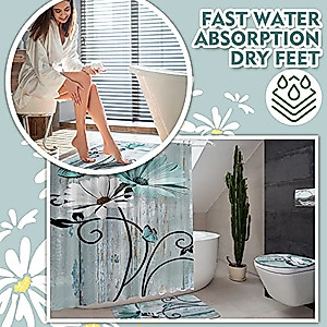Moukeren 4 Pcs Teal Blue Daisy Butterfly Shower Curtain Set with Non Slip Rugs Toilet Lid Cover and Bath Mat Rustic Farmhouse Shower Curtain Turquoise Shower Curtain with Hooks Sets