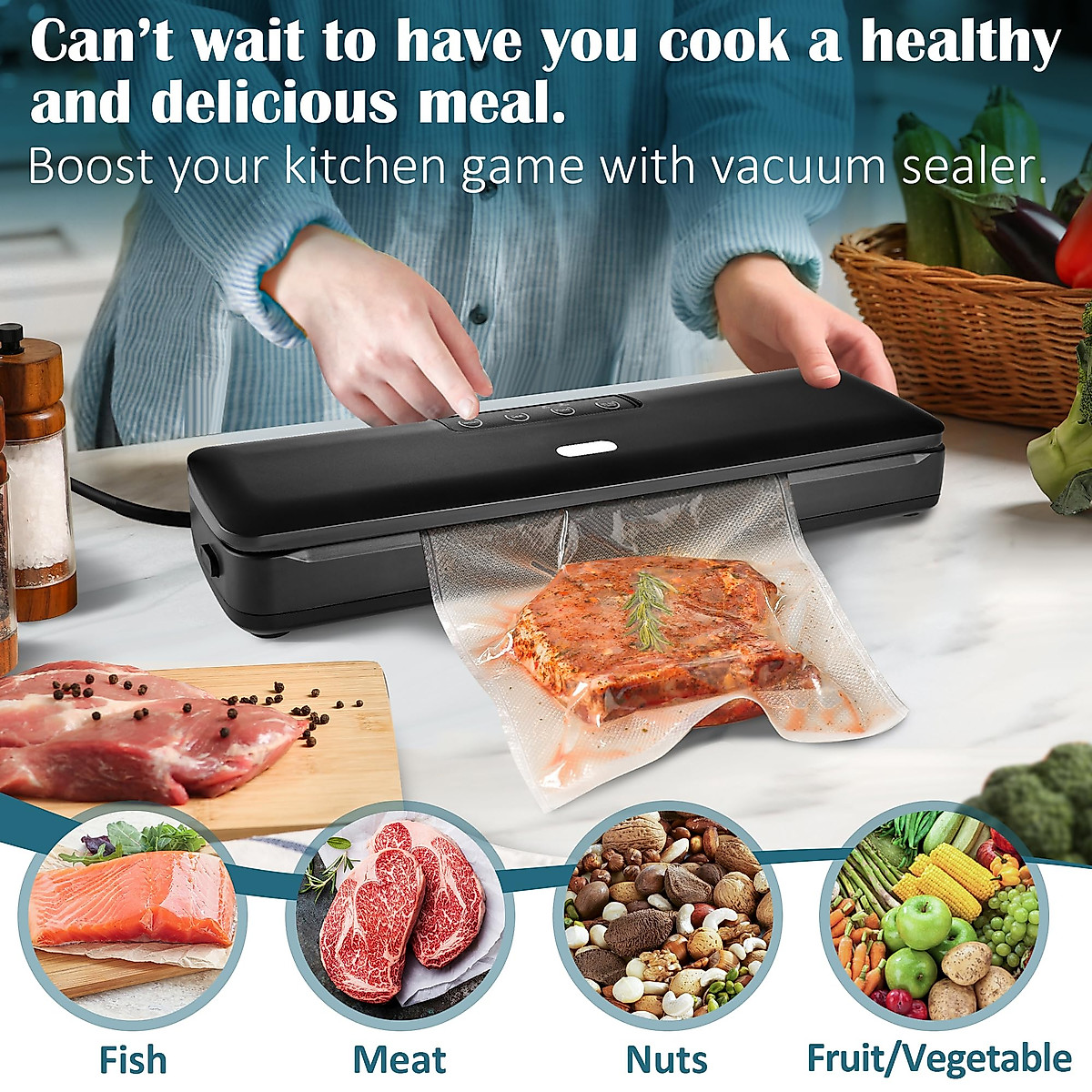 AOSION Vacuum Sealer Machine,Automatic Food Sealer for Food,Food Vacuum Sealer Automatic Air Sealing System for Food Storage Dry and Moist Food Modes with 15 pcs Sealer Bags,LED Indicator Lights,