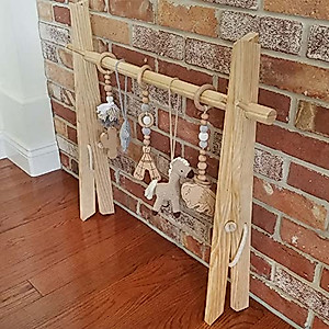 Wooden Play Gym for Baby FOLDABLE Infant Activity Set WILD WEST ADVENTURES Cowboy Natural Wooden Montessori Mobile Toys with Wooden Frame Play Gym Activity Set and Handmade Crochet teething toys