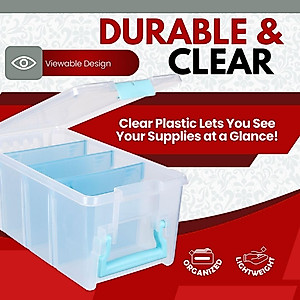 saizone 6925AA Semi Satchel with Removable Dividers, Portable Art & Craft Organizer with Handle, [1] Plastic Storage Case, Clear with Aqua Accents