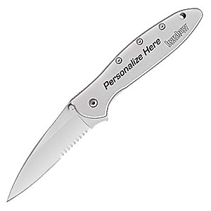 Kershaw Custom Laser Engraved Leek Knife 1660ST Silver Handle with Silver Serrated Blade Edge