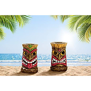 TERESA'S COLLECTIONS Set of 2 Tribal Tiki Head Decor Garden Sculptures & Statues with Solar Lights, Hawaiian Tropical Tiki Torch Totem Figurine, Outdoor Bar Patio Yard Lawn Party Beach Decorations