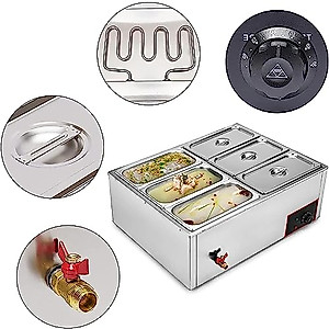 KFJZGZZ Electric Food Warmer 6 Pots, Commercial Countertop Stainless Steel Buffet Wet Well Sauce Food Warmer Steam Table Temperature Control Range 30-85°C with Covers, Drain Tap