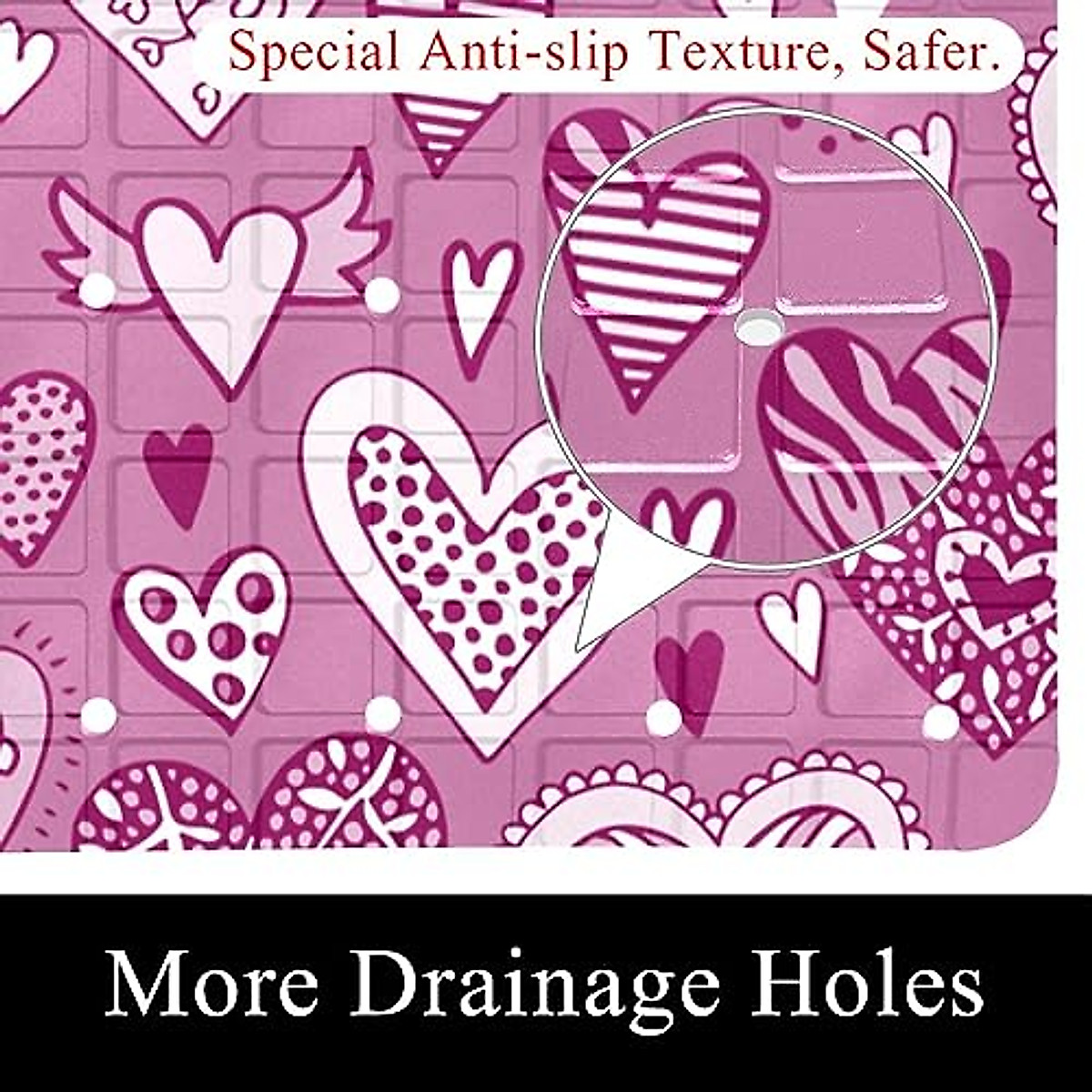 Bath Tub Shower Mat - Anti-Slip PVC Material 15.1x26.8 in, Gentle Cushioning Quick Drying Suction Cups Reliable Solution - Valentine's Day Pattern Non-Slip Floor Mat