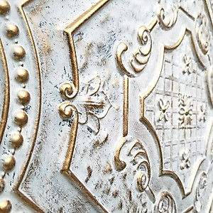 TD04 Rustic Gold Faux Tin Glue up, Drop in Ceiling Tile, Pack of 10 2'X2' Tiles. Covers 40 sq.ft. Easy to Install PVC Panels, Great for DIY Projects - Antique Vintage Look Ceiling, 3D Wall Paneling