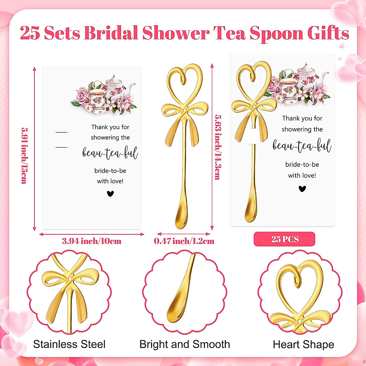 Skybooly 25 Sets Bridal Shower Tea Party Favors for Guests Mini Coffee Spoons Small Tea Spoons Heart Spoon Love Spoon with Bow with Thank You Cards Wedding Souvenirs Tea Party Supplies
