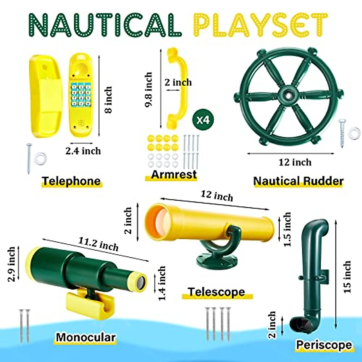 Playground Accessories Swing Set Pirate Plastic Playground Equipment Set with Plastic Wheel, Telescope, Periscope, Telephone, Safety Handle Bars for Outdoor Playhouse Treehouse (Yellow, Green)