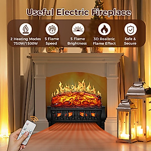 Joy Pebble Electric Fireplace Insert Log Heater 21",750W/1500W Adjustable 5 Flame Brightness&Speed, Fireplace Insert with Realistic Ember Bed&Traditional Brown Log,Overheat Protection&Remote Control