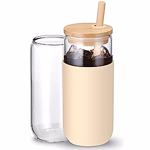 20oz Glass Water Tumbler with Silicone Protective Sleeve - Beer Can Shaped Glass Cups with Straw and Bamboo Lid, Iced Coffee Glasses, Cute Drinking Glasses for, Water Smoothie, Boba Tea, Gift - Amber