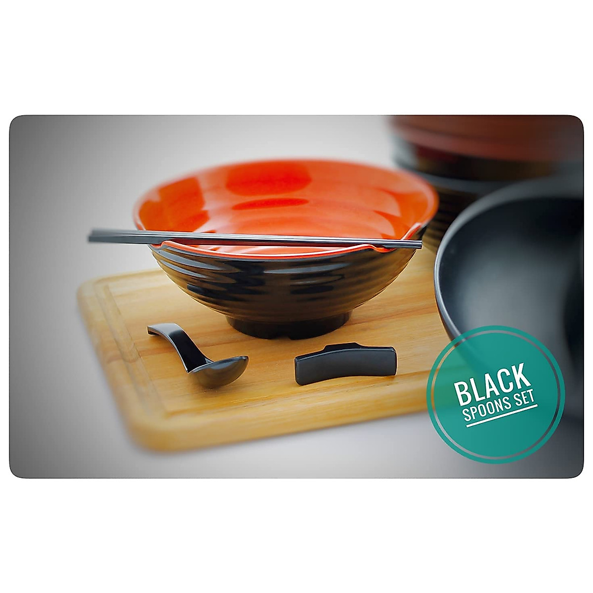 12 Pieces Ramen Set: 4 Black Spoons, 4 Chopsticks And 4 Stand rest. Asian Soup Spoons. Unbreakable Melamine Made. Perfect For Japanese And Chinese Food: Ramen, Wonton, Sushi, Miso, Rice, Pho Soup.