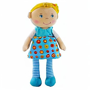 HABA Snug Up Edda - 10" Soft Doll with Fuzzy Blonde Hair, Embroidered Face and Removable Blue Dress (Machine Washable) for Ages 18 Months +