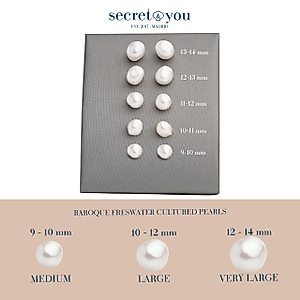 Secret & You – Women Pearl Stud Earring Freshwater Cultured Pearl | Baroque Shape | Sterling Silver 925, Available in 5 Sizes From 9-10 mm up to 13-14 mm