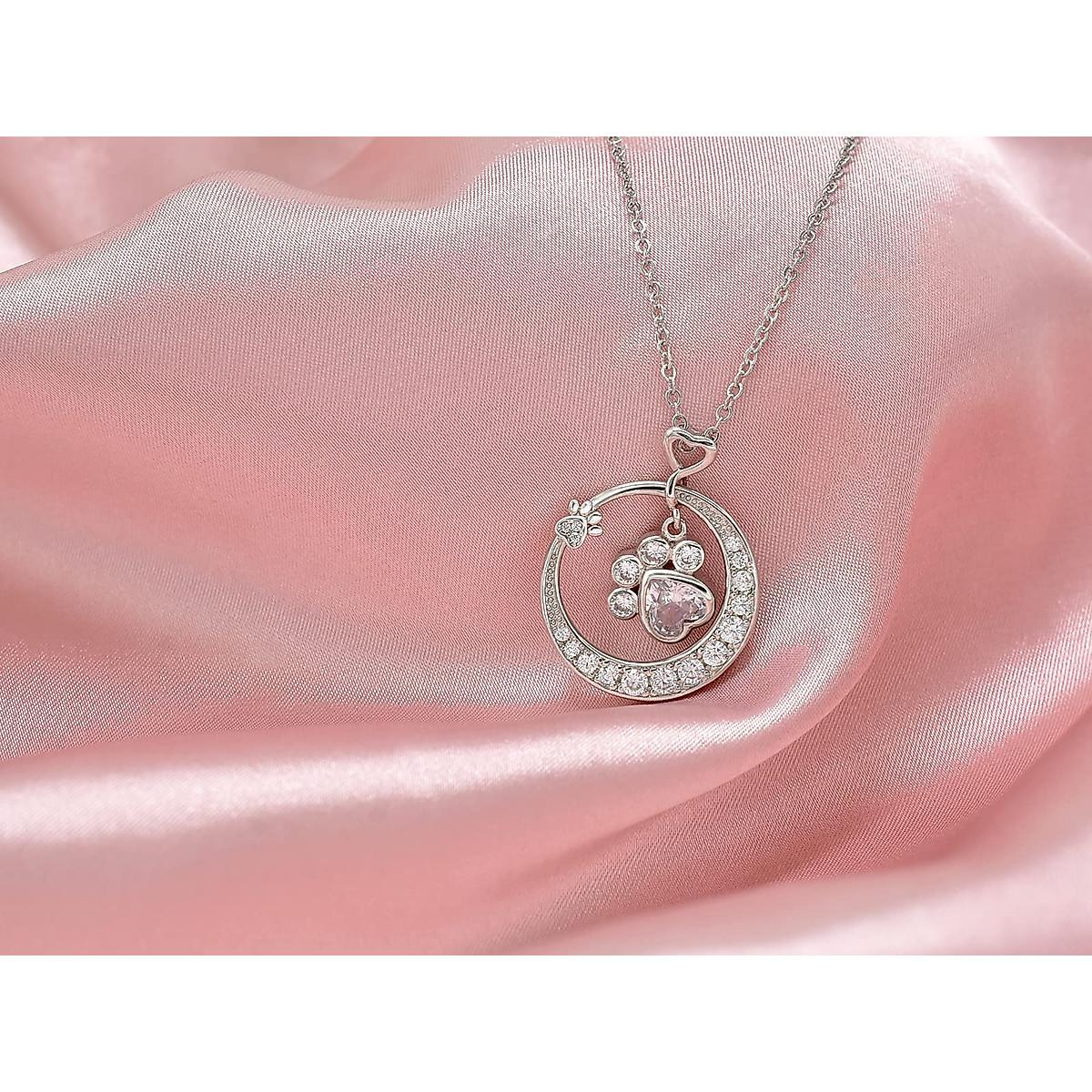 Paw Print Necklace for Women Girls - Sterling Silver Puppy Dog Cat Pet Paw Print Circle Pendant Necklace Cubic Zirconia Dainty Cute Adjustable Charm Necklace Birthday Gifts for Women Teens,15.7"+3.9"