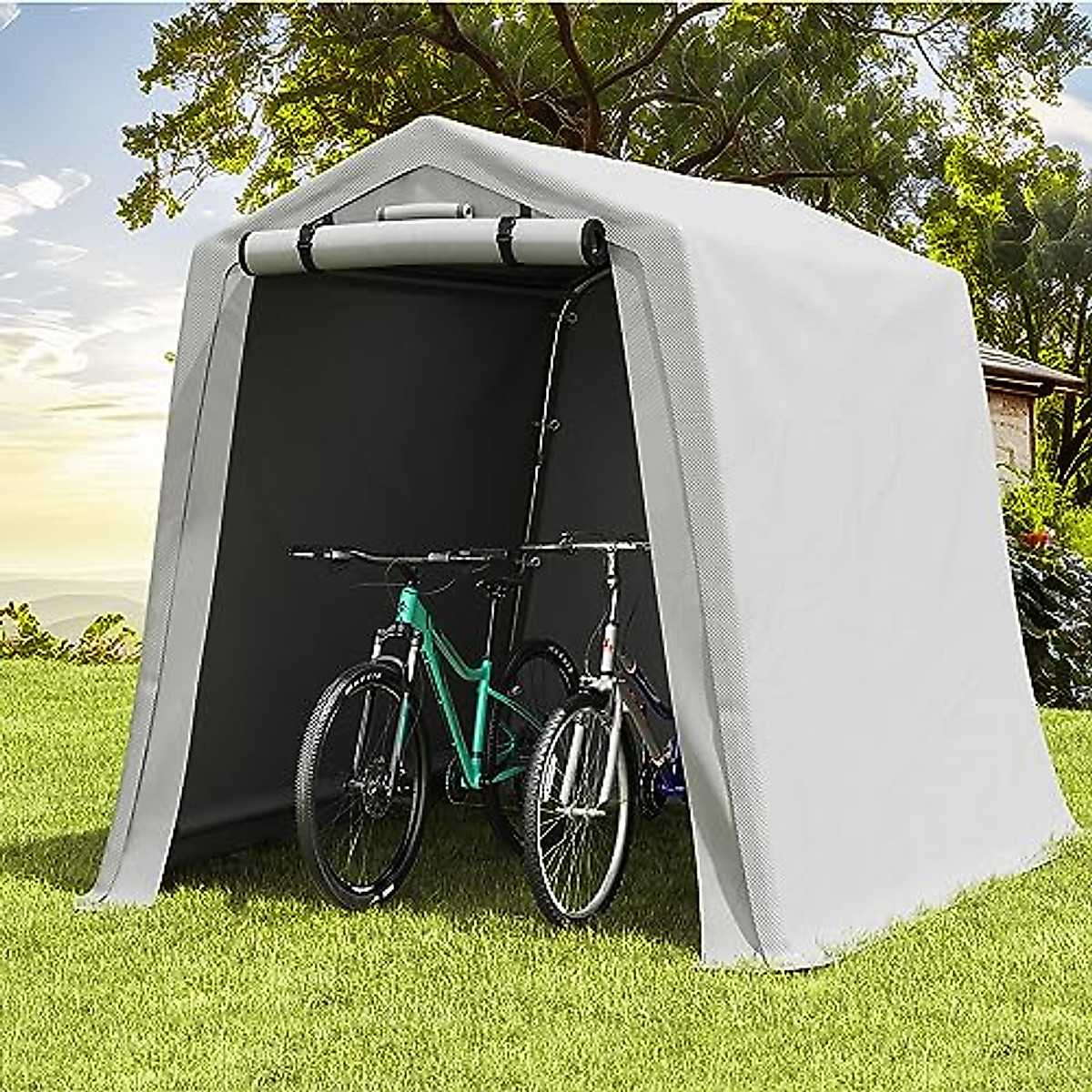 Devoko Storage Shed 6 x 6 x 7 FT Outdoor Portable Storage Bike Shed Waterproof Carport with Roll-up Zipper Door and Ventilated Windows for Bike, Motorcycle, and Gardening Tools (Grey)