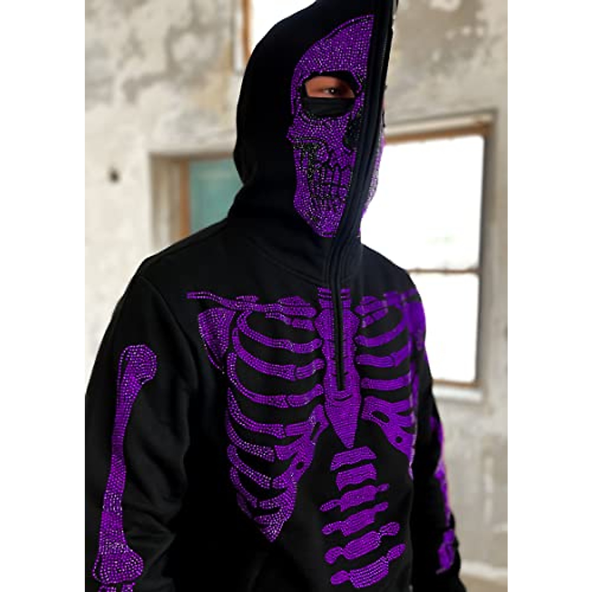Easyoyo Skeleton 1/4 Zip Up Hoodie for Men Women, Gothic Diamond Glitter Oversize Grunge Punk Dark Sweatshirt