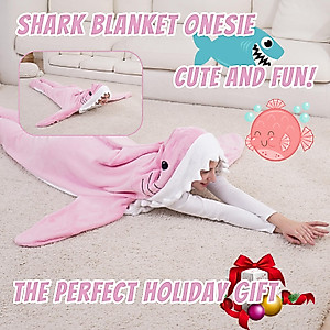 Shark Blanket for Adult Kids - Wearable Shark Blanket Hoodie,Cartoon Animals One-piece Blanket,Cute Funny Blue Shark Flannel Hoodie for Boys Girls Interesting Blanket Gifts(New Pink)-M