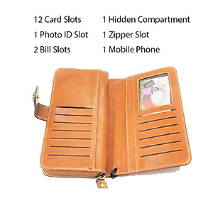 Wallet For Women Leather Credit Card Cash Mobile Phone Holder Large Capacity Wallets With Wristlet (Brown(Pack of 1))