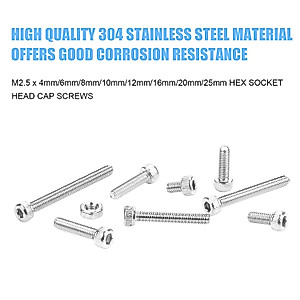 DYWISHKEY 360 Pieces M2.5 x 4mm/6mm/8mm/10mm/12mm/16mm/20mm/25mm, Stainless Steel 304 Hex Socket Head Cap Bolts Screws Washers Nuts Kit with Hex Wrench