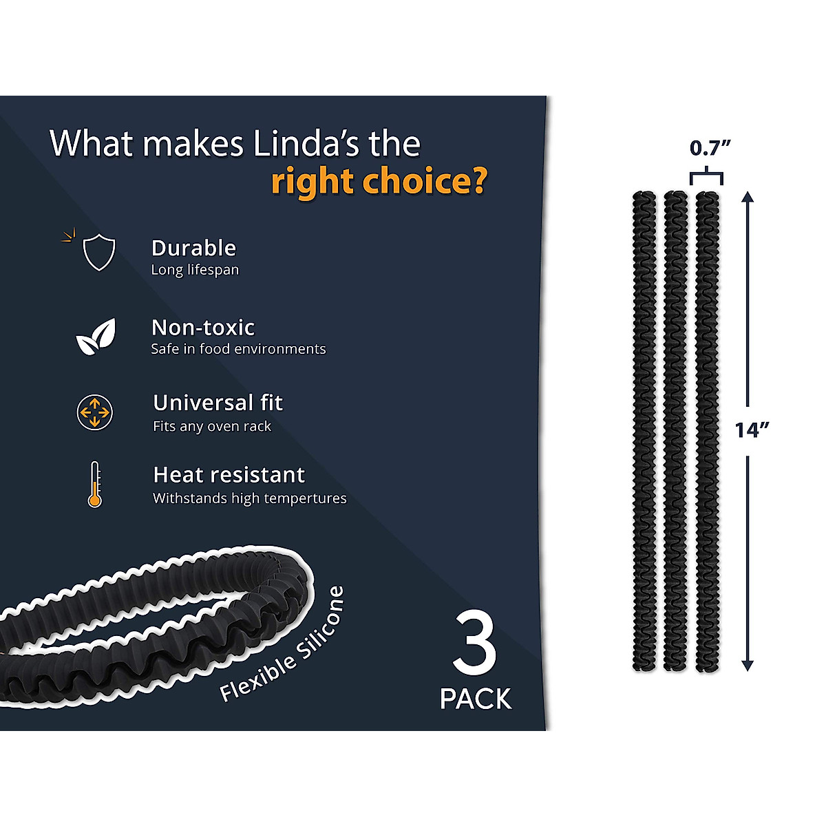 Silicone Oven Rack Shields by Linda’s Essentials (3 Pack) | Heat Resistance Silicone Oven Rack Protectors Guards Against Burns and Scars | 14 Inches Long (Black)