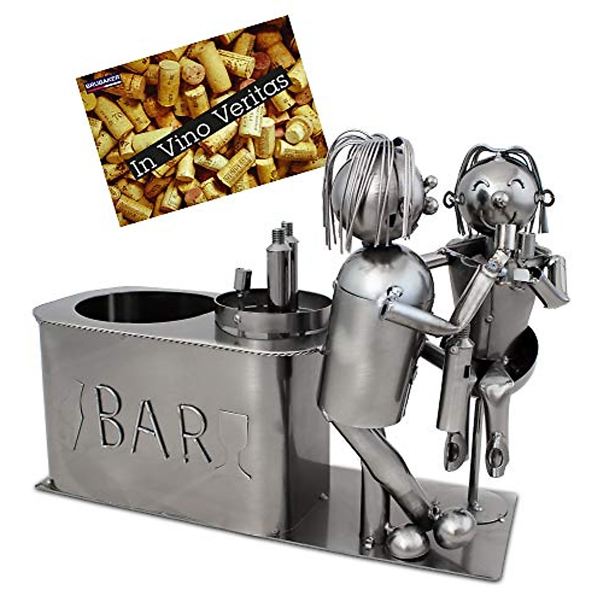 BRUBAKER Wine Bottle Holder 'Couple in Bar' - Table Top Metal Sculpture - with Greeting Card