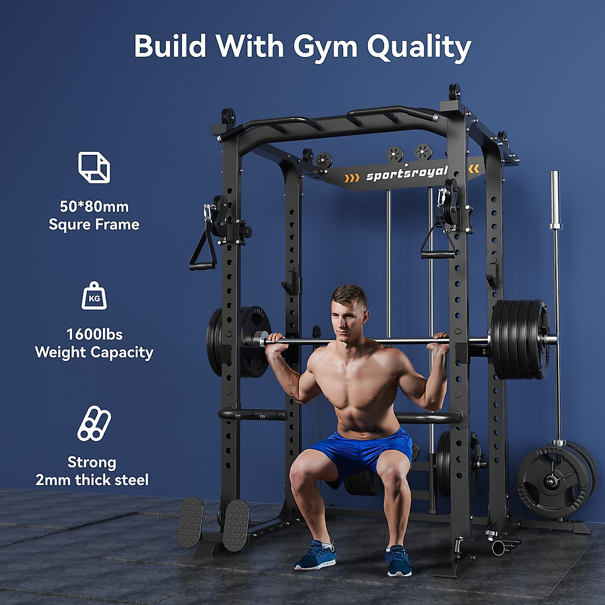 Sportsroyals Power Cage, Multi-Function Power Rack with Adjustable Cable Crossover System and More Training Attachment, Weight Cage for Home Gym
