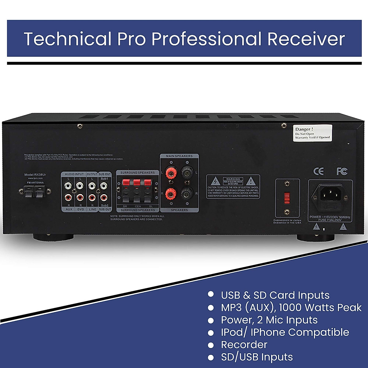 Technical Pro 1000 Watts Professional Home Theater Receiver System Kit w Portable Microphone with Digital Processing and Remote 6 Qty of 5.25” Ceiling Wall Mount Framed Speakers