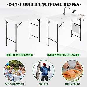 Allpop Folding Fish Cleaning Table with 2 Sinks, 42.5’’ Portable Camping Fish Fillet Station with Faucet, Spray Nozzle, Drain Hose, Storage Box, Built-in Drawer& Knife Groove for Picnic, White