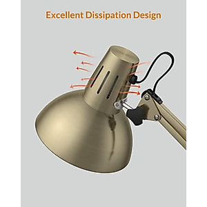 LEPOWER Metal Desk Lamp, Adjustable Goose Neck Architect Table Lamp with On/Off Switch, Swing Arm Desk Lamp with Clamp, Eye-Caring Reading Lamp for Bedroom, Study Room &Office (Brass)